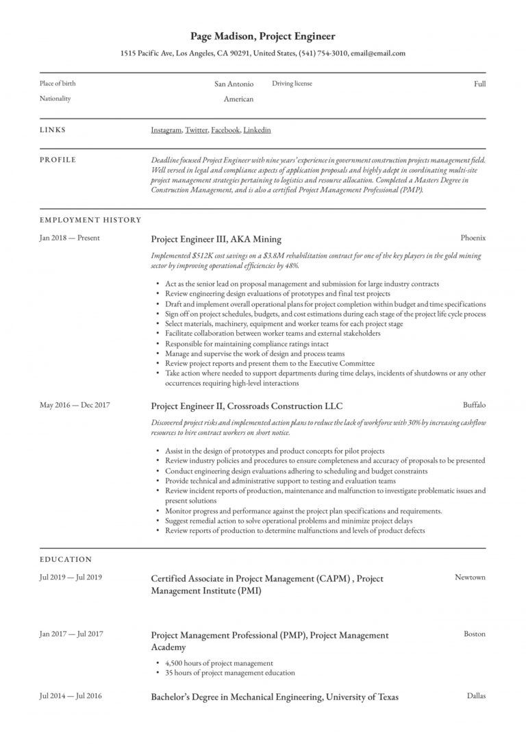 Project Engineer Resume & Writing Guide 12 Resume Education Project ...