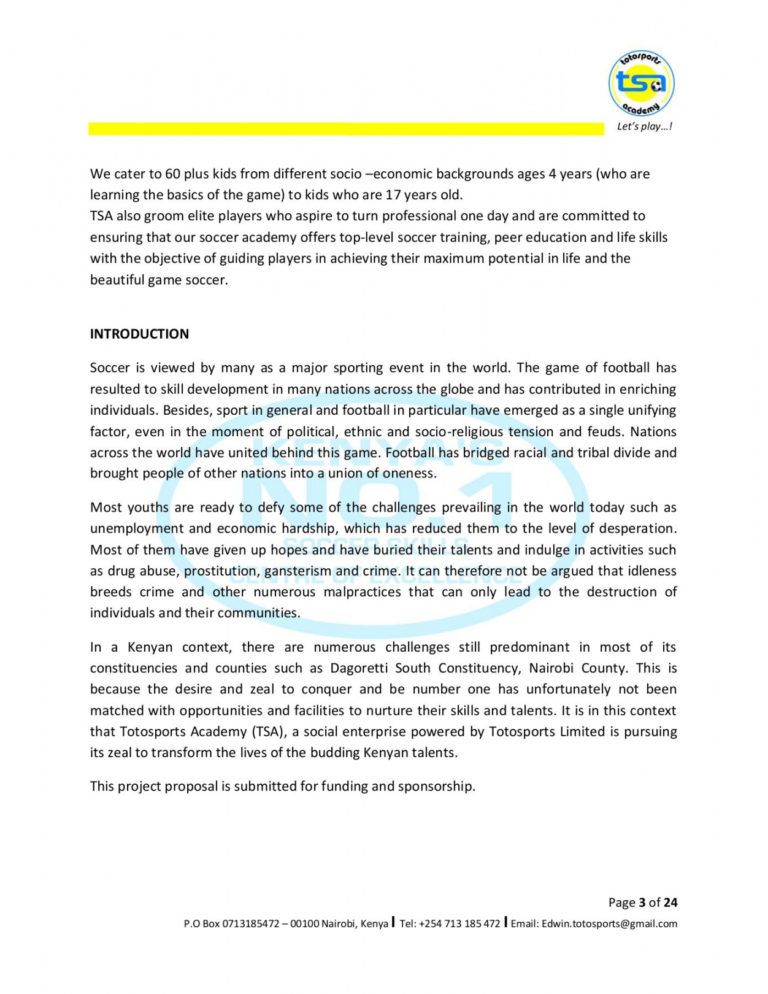 Totosports Academy Proposal For Sponsorship And Funding Soccer ...