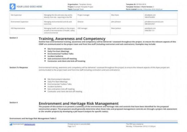 Printable Editable Environmental Management Plan Template For
