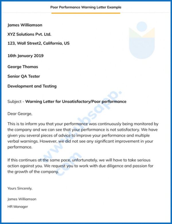 Sample Warning Letter To Employee For Poor Performance Pdf Infoupdate ...