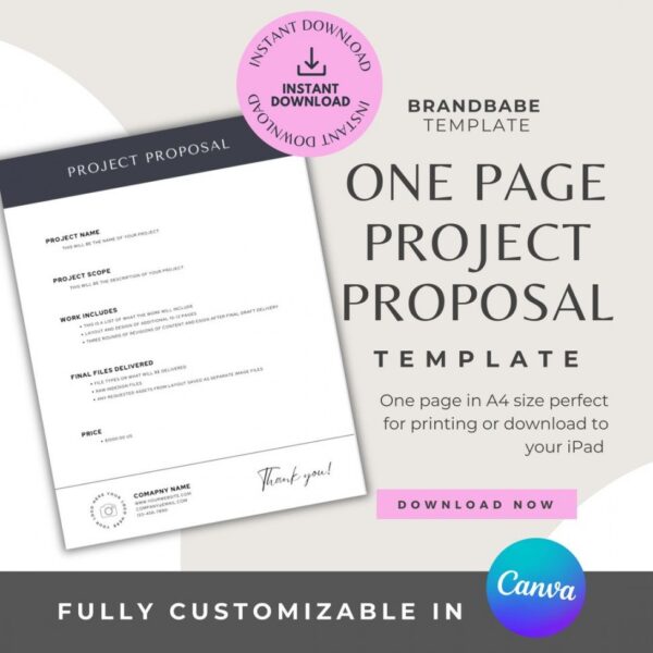 Editable One Page Project Proposal Proposal Overview Template Etsy One ...
