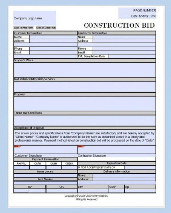 Sample Construction Project Bid Proposal Form Template Simple Minimal ...