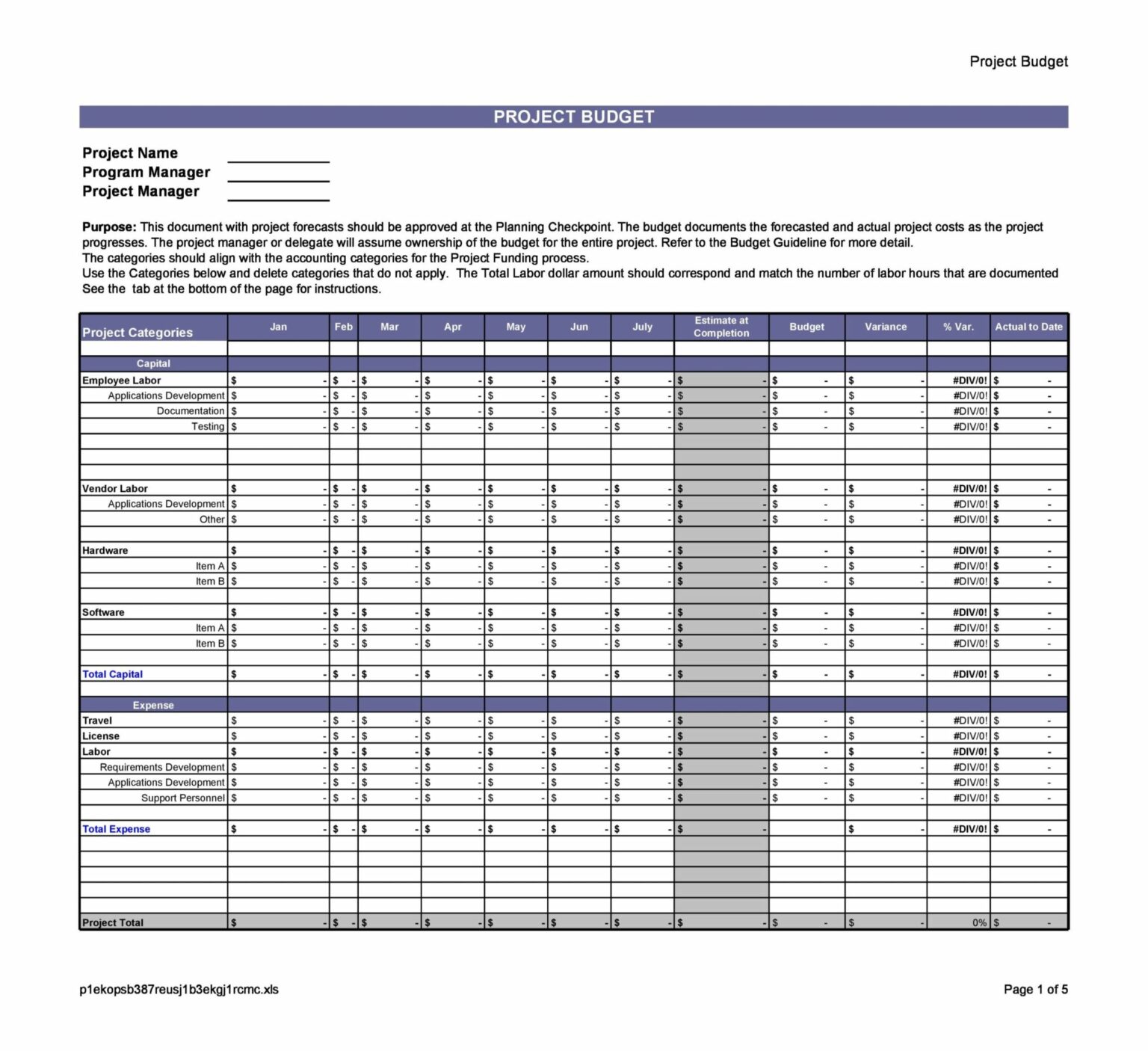 Construction Project Expense Sheet Template