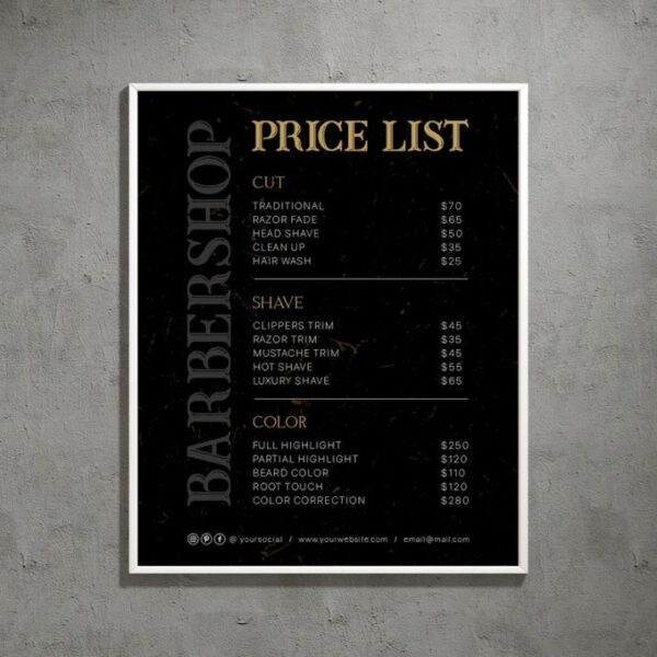 Editable Black Barber Shop Price List Template & Price Menu For Small ...