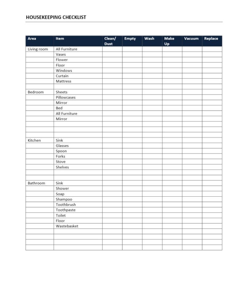 Editable Housekeeping Checklist Housekeeper Cleaning List Template ...