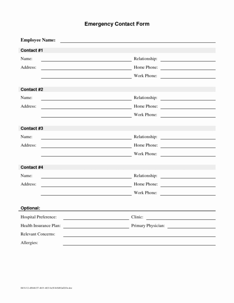 Sample Employee Emergency Contact Form Word Form Emergency Contact List ...