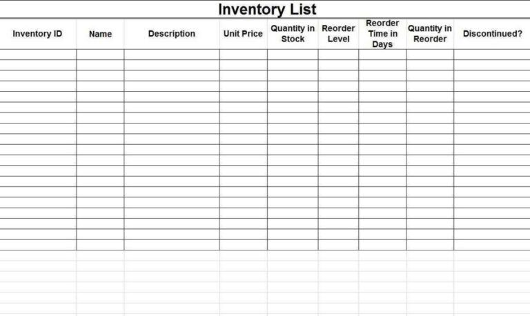 Mechanic Tool Inventory List Template