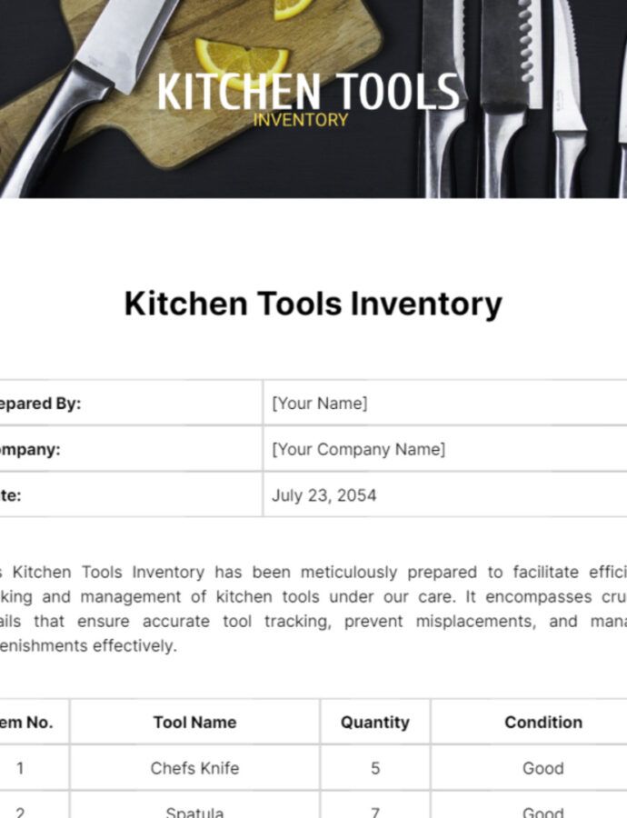 Restaurant Equipment Inventory List Template