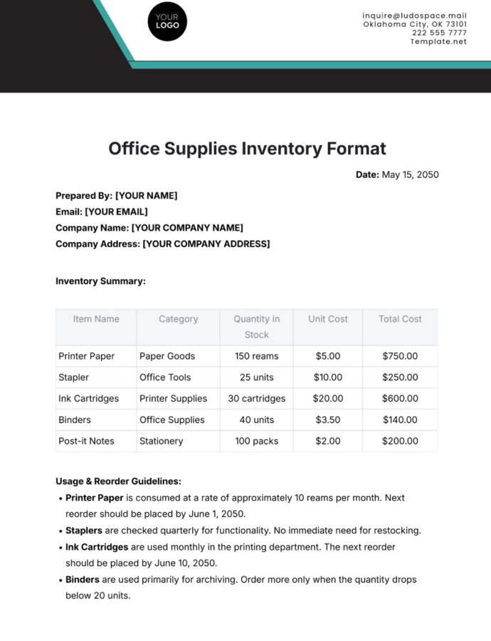 Office Supply Inventory List Template