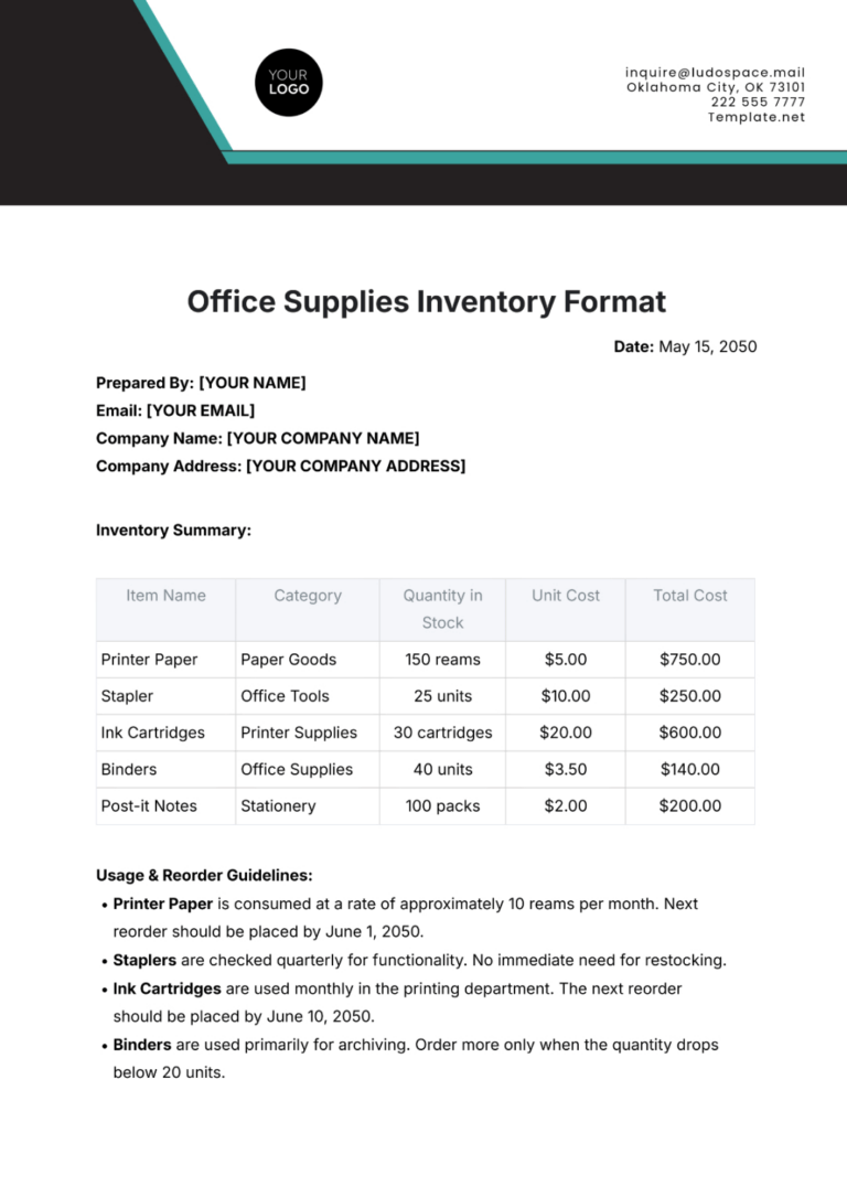 Office Furniture Inventory List Template