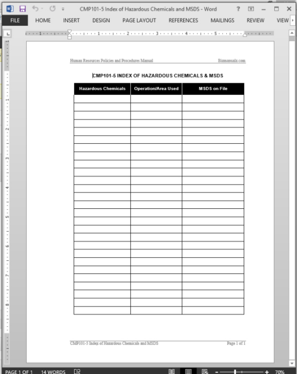Free Hr Hazardous Chemicals Msds Index Template Word Hazardous Chemical ...