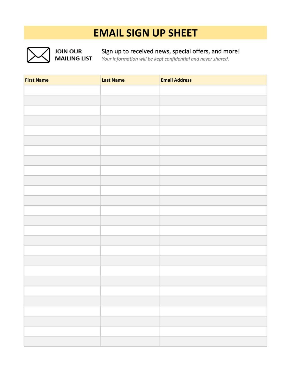 Email Sign Up List Template