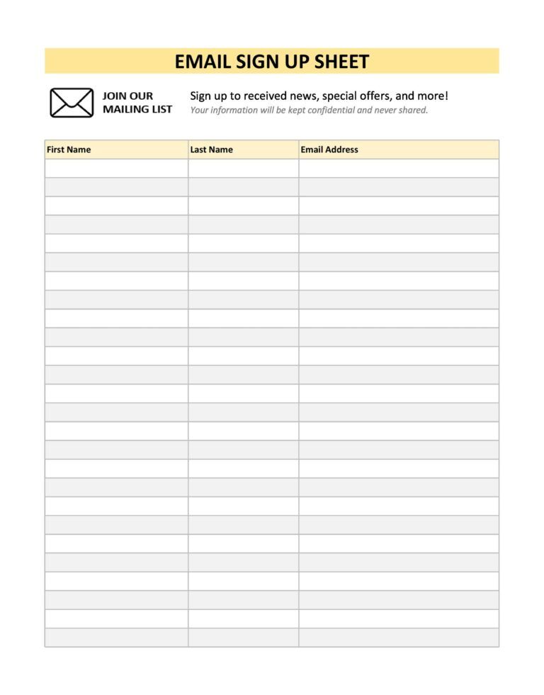 Email Sign Up List Template