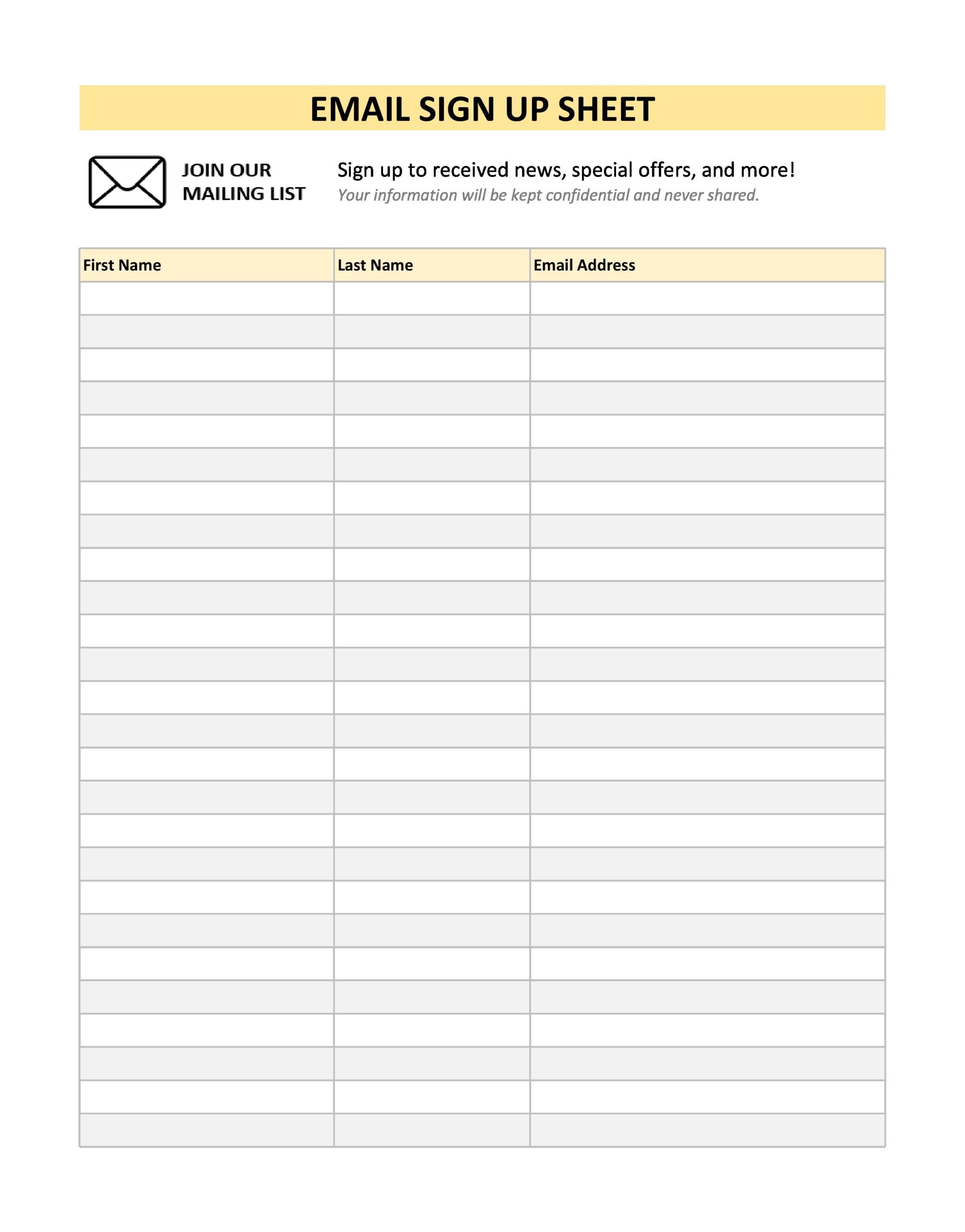 Email Sign Up List Template