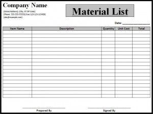 Material List Template for Construction