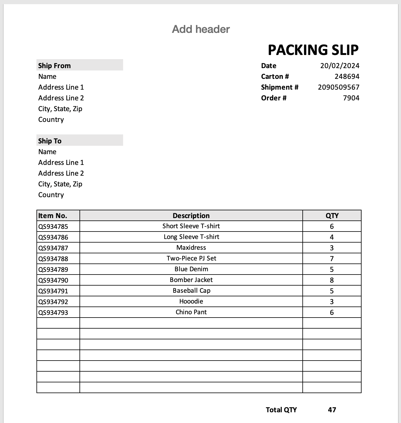 Packing List Template for Shipping