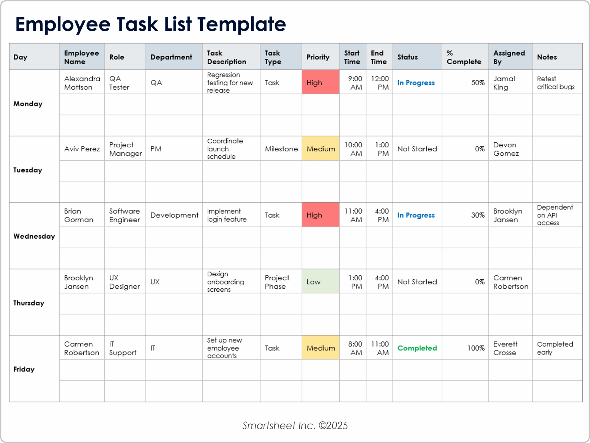 Task Management Employee Task List Template