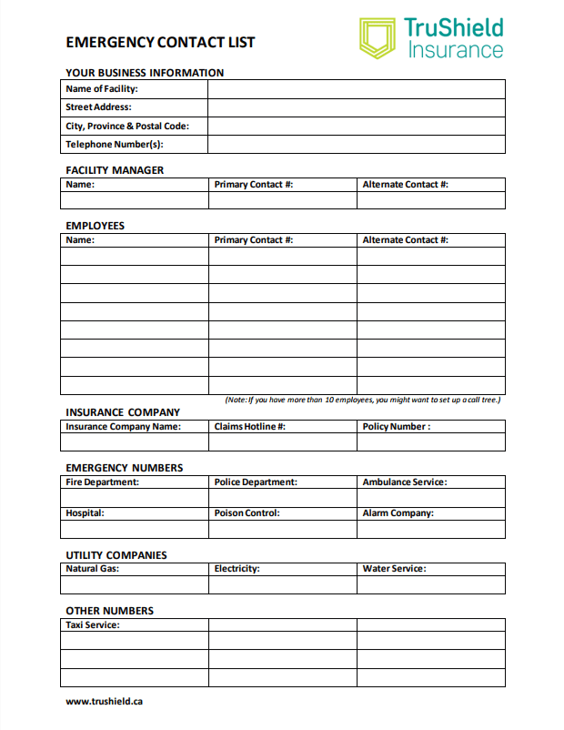 Workplace Emergency Contact List Template